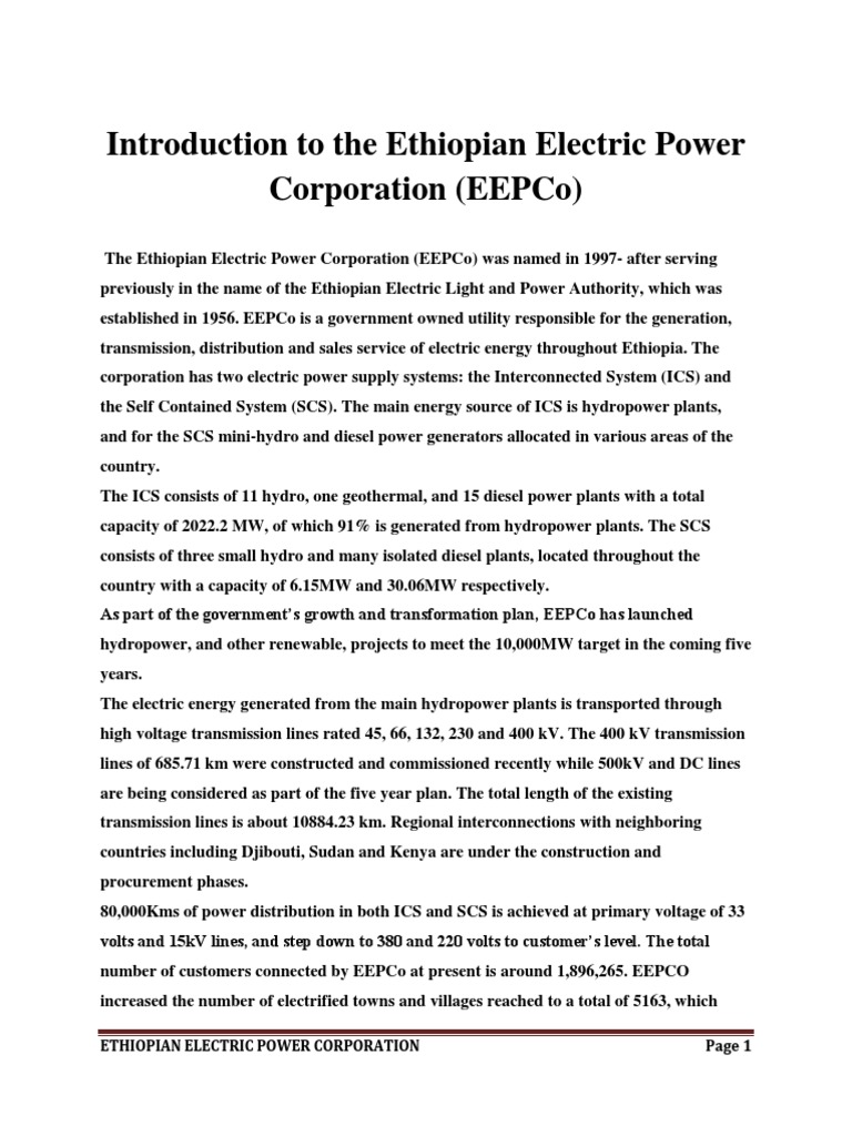 Introduction To The Ethiopian Electric Power Corporation (Eepco) | PDF ...