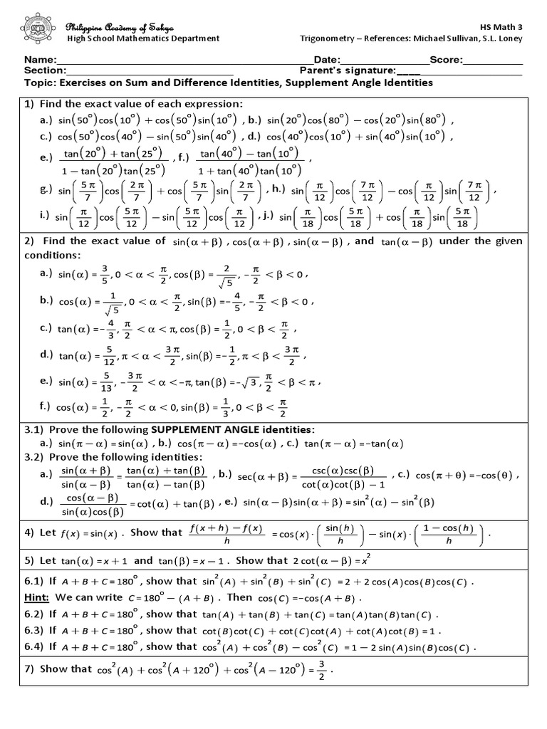 Exercises On Sum and Difference Identities, Supplement Angle Identities ...