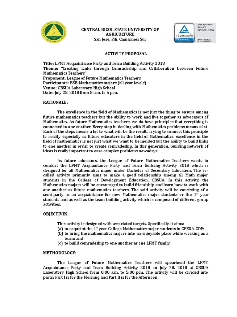 PROPOSAL and LETTER For LFMT Acquaintance Party and Team Building | Download Free PDF ...