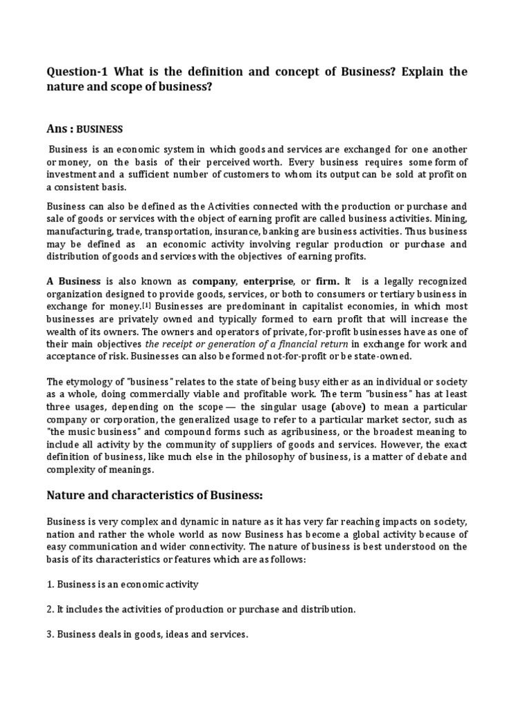 Question-1 What Is The Definition and Concept of Business? Explain The ...