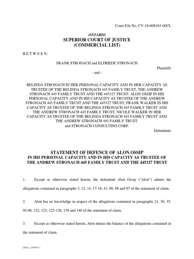 Statement of Defence of Alon Ossi | PDF | Trust Law | Fiduciary