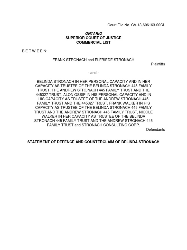 Statement of defence and counterclaim of Belinda Stronach | Trust Law ...