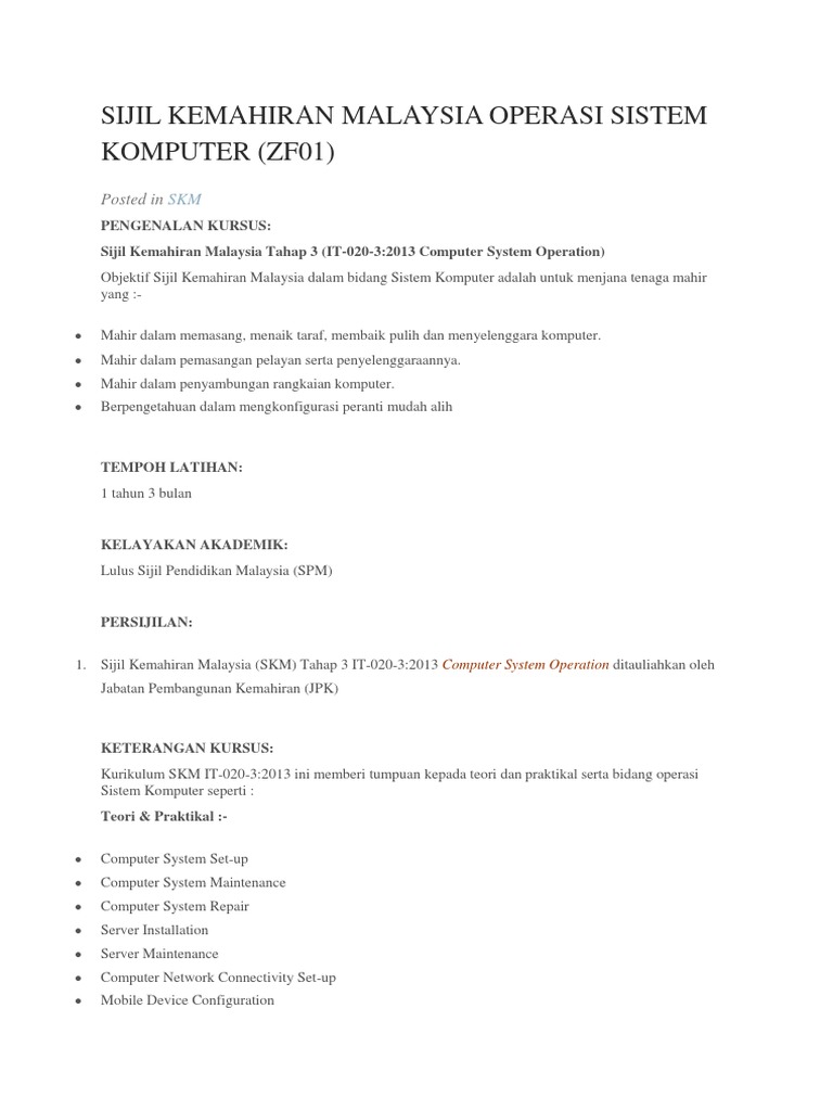 Sijil Kemahiran Malaysia Operasi Sistem Komputer | PDF