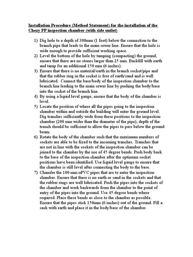 Installation Procedure For Chezy Chamber | PDF | Trench | Pipe (Fluid ...