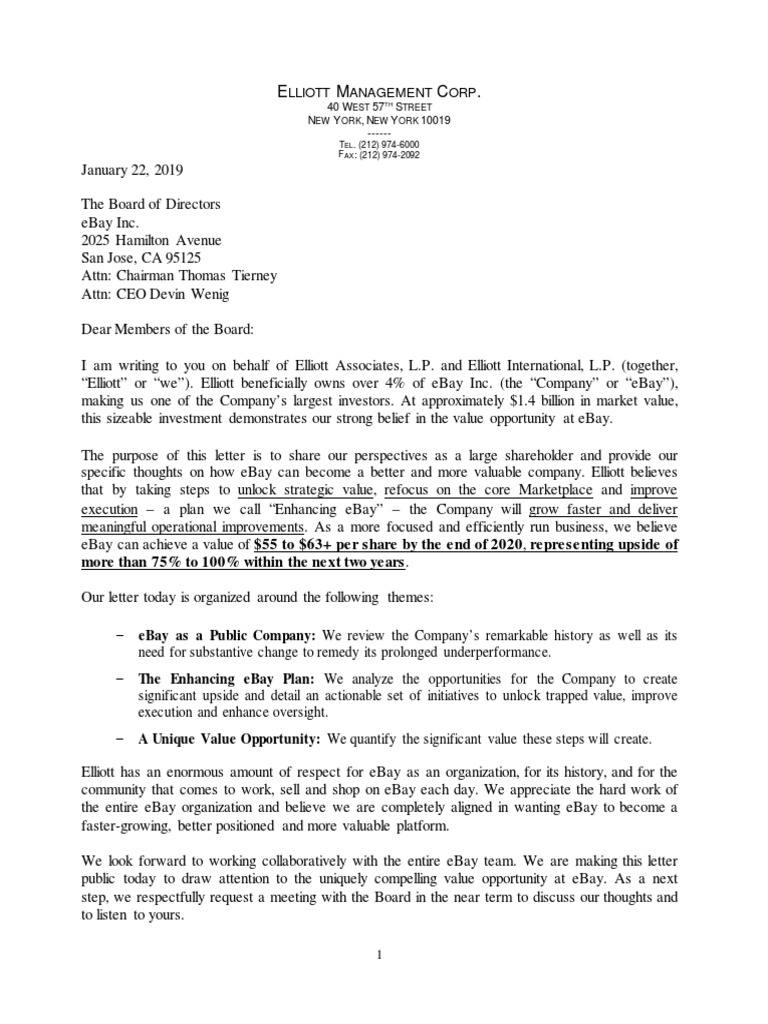 Elliott Management Letter to EBay | E Bay | E Commerce