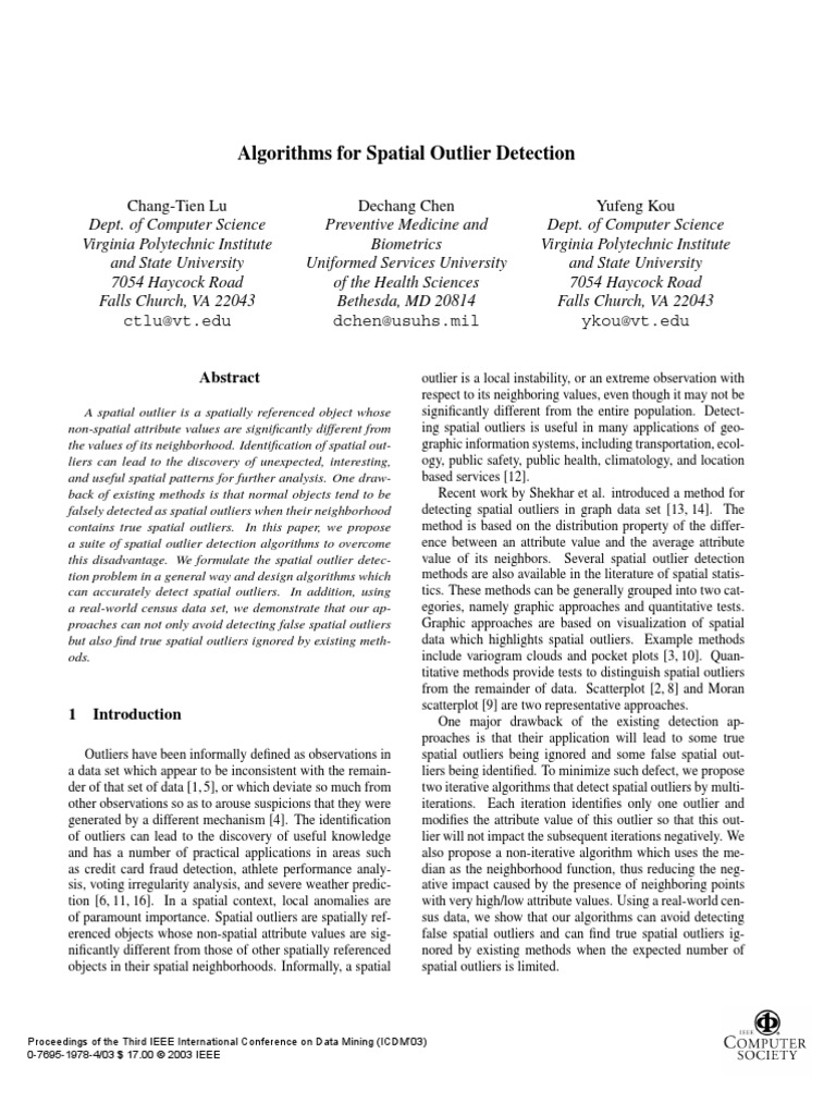 Algorithms For Spatial Outlier Detection: Chang-Tien Lu Dechang Chen Yufeng Kou | PDF | Outlier ...