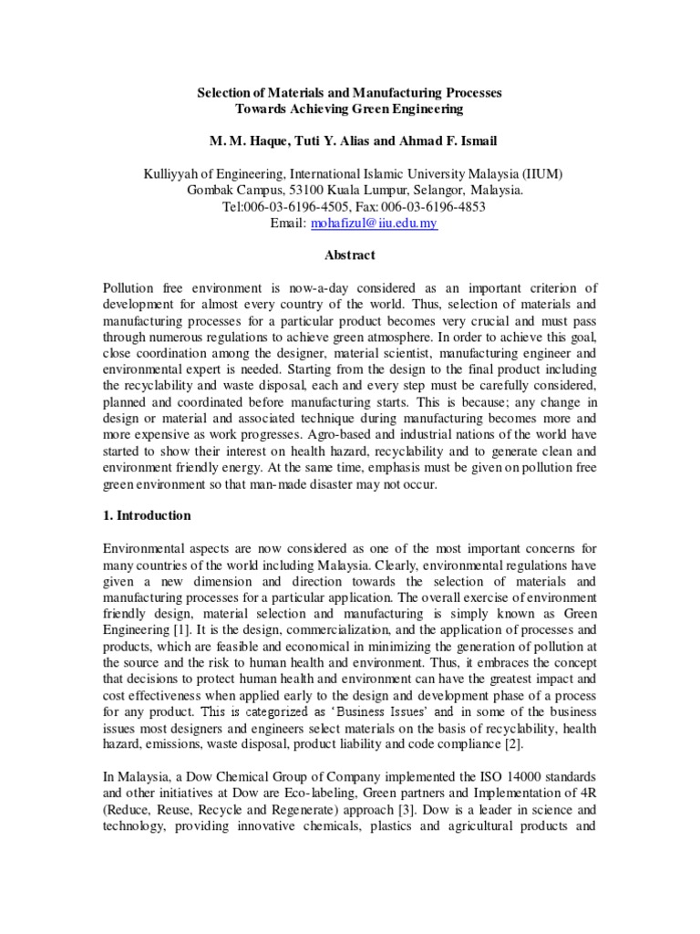 Selection of Materials and Manufacturing Processes Towards Achieving ...