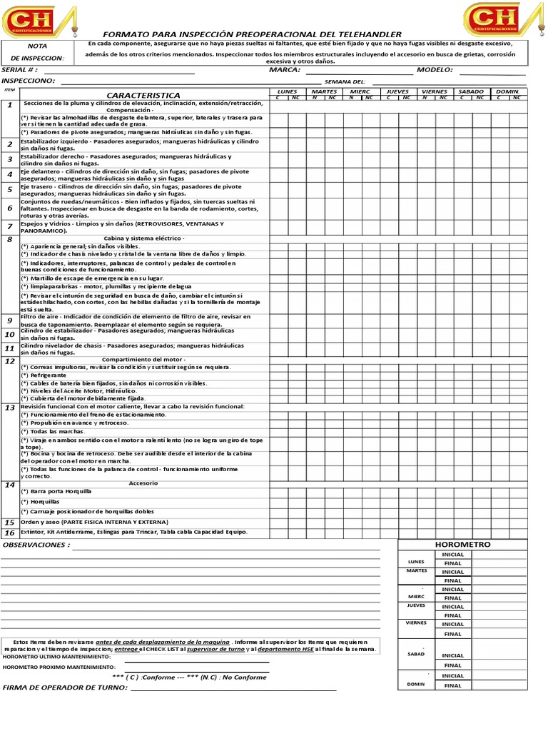 Check List de Telehandler | Eje | Vehículo de motor