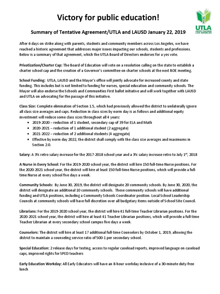 UTLA Summary of Its Tentative Agreement With The LAUSD To End The ...