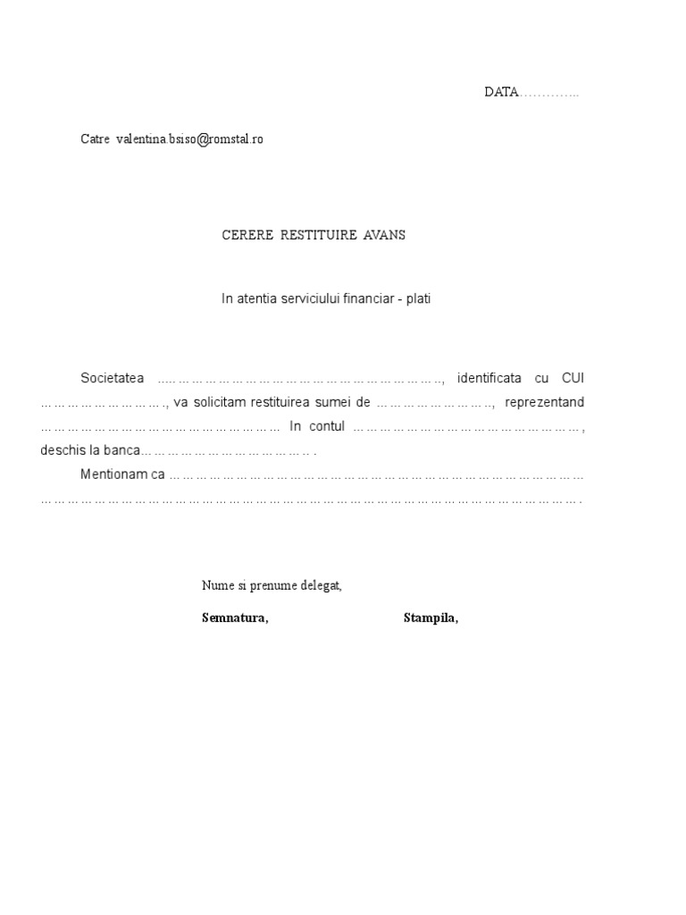 Model Cerere Restituire Avans Clienti | PDF