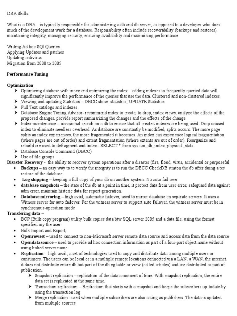 DBA Skills | PDF | Microsoft Sql Server | Databases
