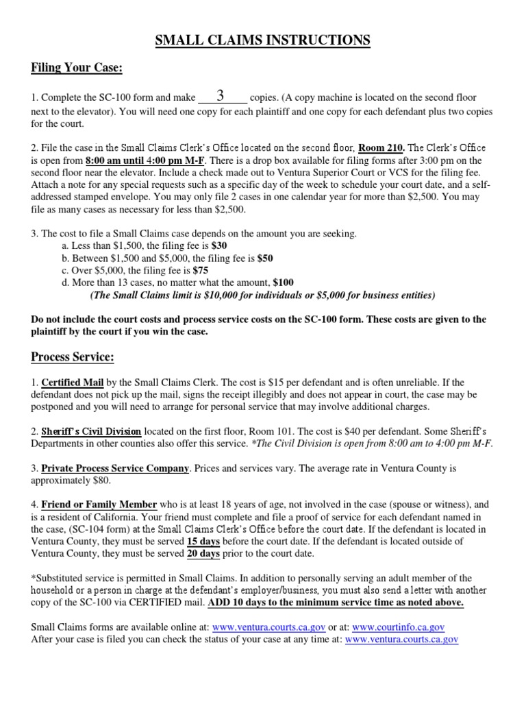 Small Claims Instructions: Filing Your Case | PDF | Service Of Process ...