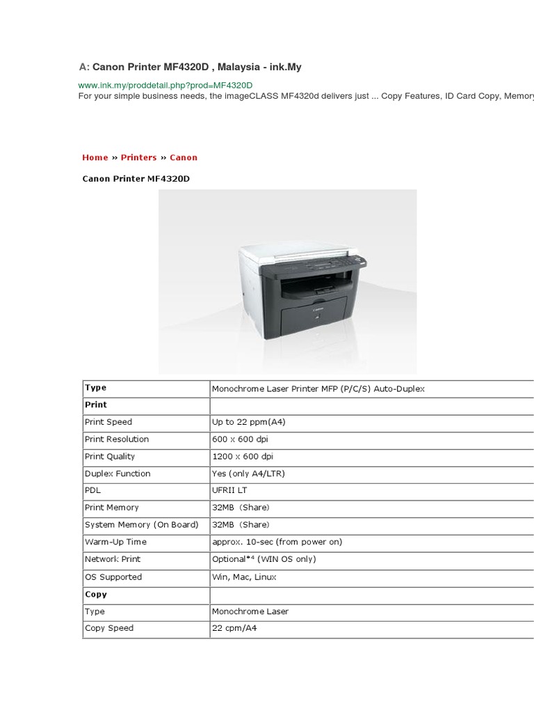 Canon MF4320D Monochrome Laser Printer - 22ppm, 600x600dpi, 250 Sheet ...