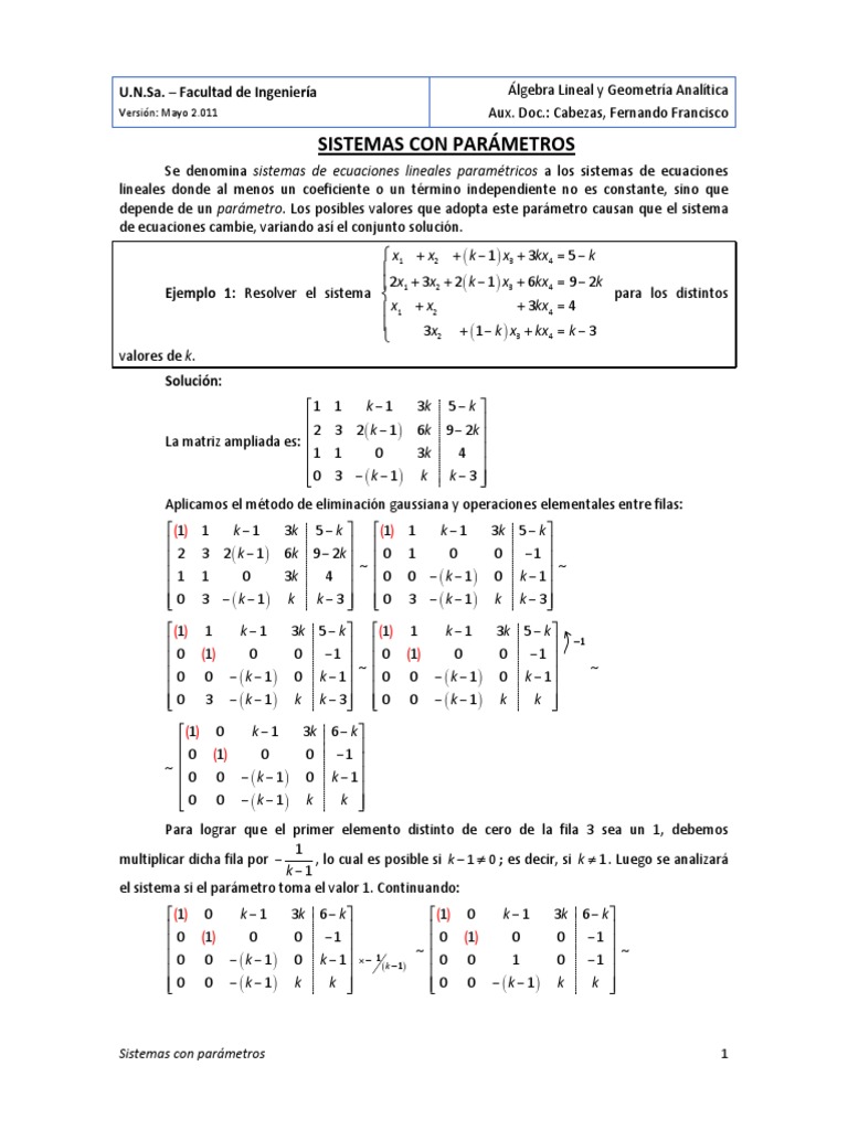 03 Sistemas Con Parametros PDF | PDF | Determinante | Ecuaciones