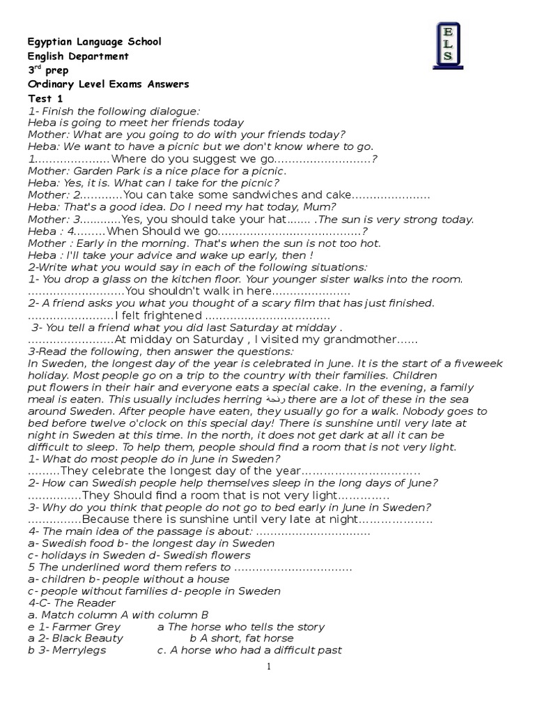 O L Exams Part 1 Answers 1 | PDF | Black Beauty
