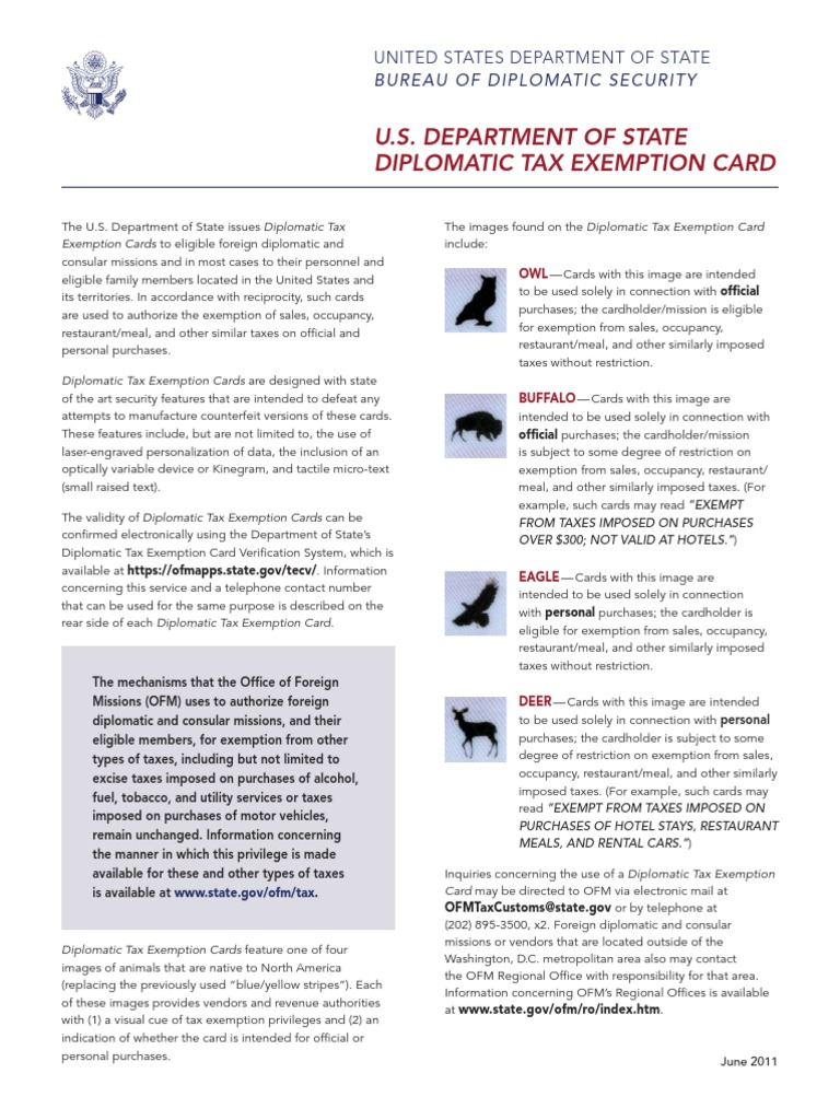 U.S. Department of State issues Diplomatic Tax Exemption Cards | PDF ...