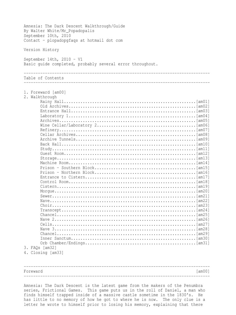 Amnesia Walk Trough | PDF