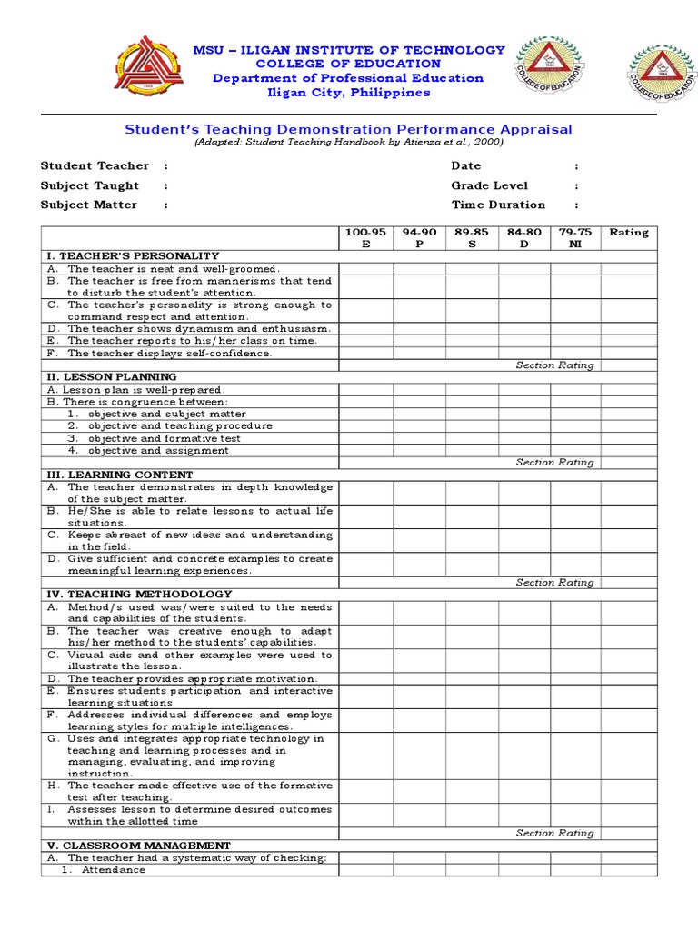 Demonstration Rating Sheet | PDF | Teachers | Classroom Management