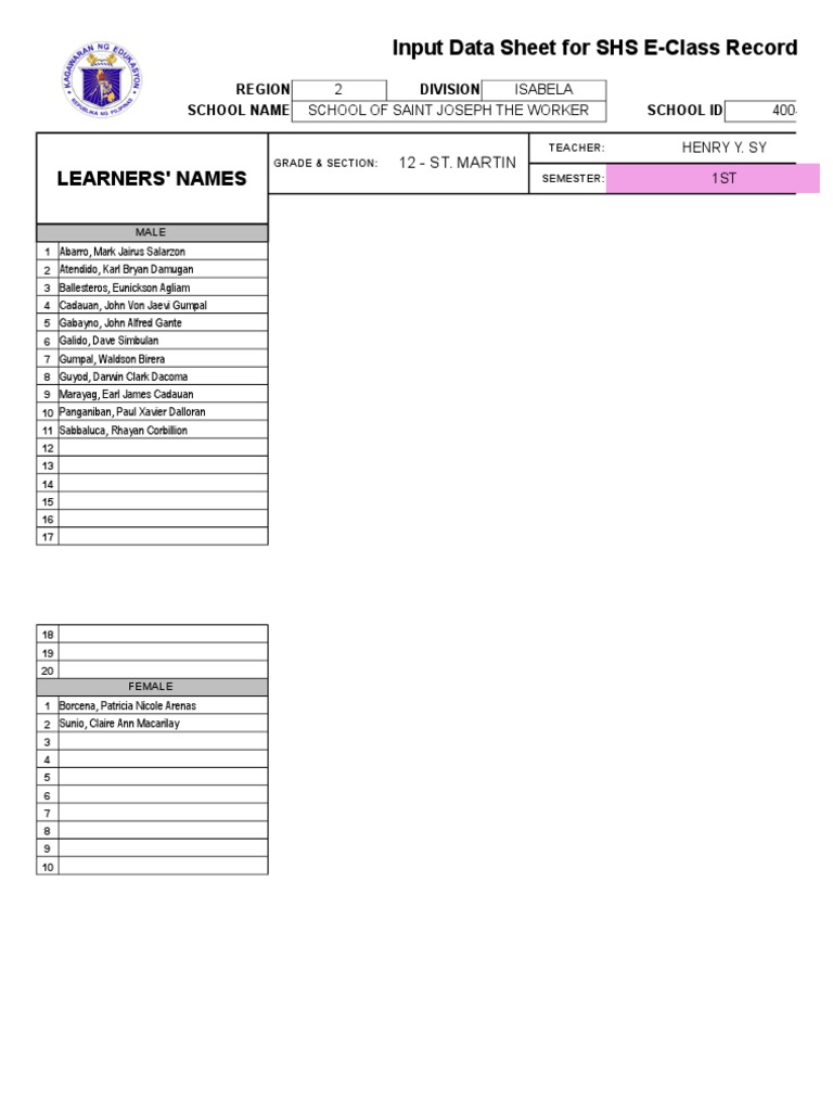 Senior High School Class Record for the First Semester of School Year 2018-2019 | PDF | Behavior ...