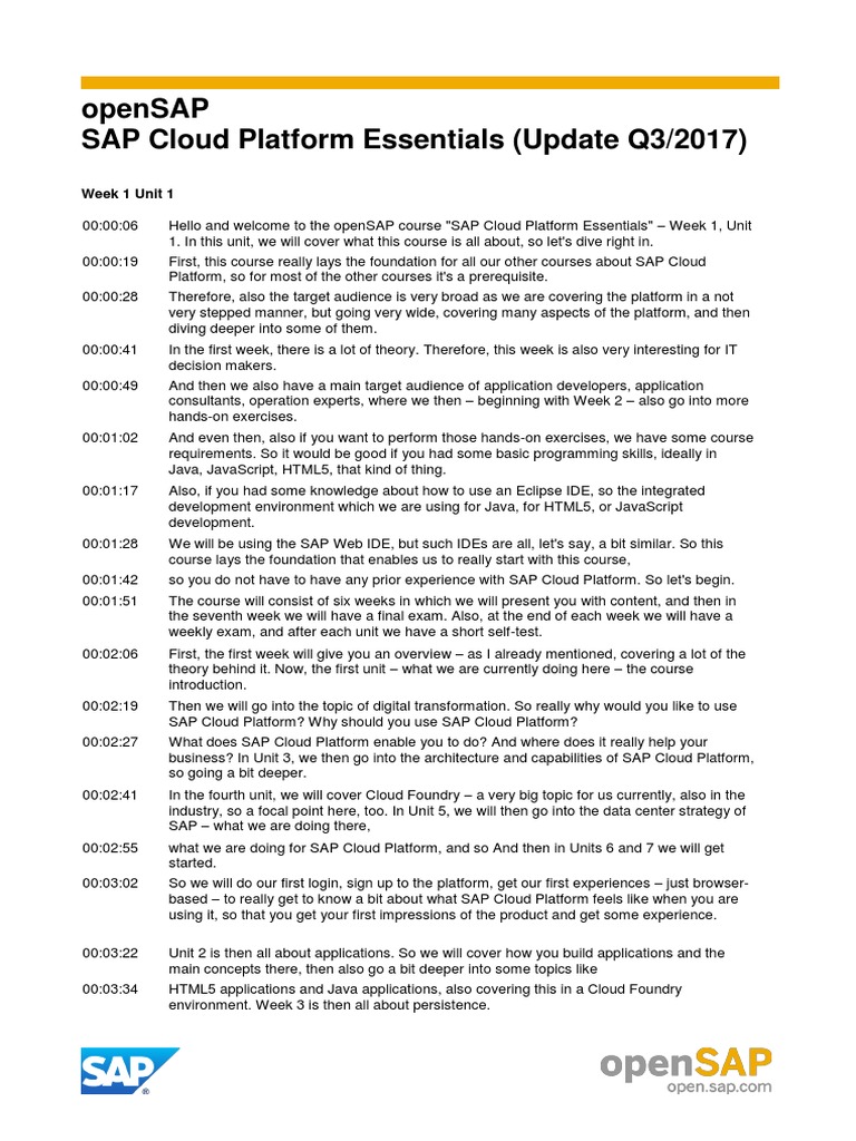 OpenSAP Cp1-2 Week 1 Transcript | PDF | Cloud Computing | Sap Se