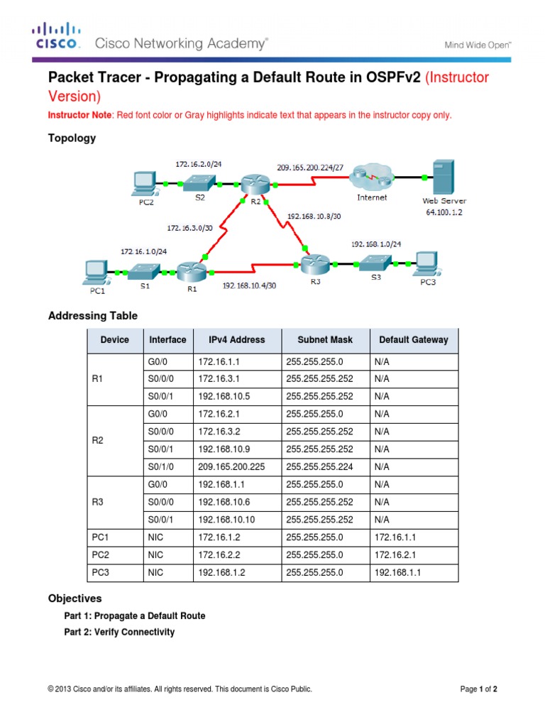 5.1.3.5 Packet Tracer - Propagating A Default Route in OSPFv2 Instructions IG | PDF | Ip Address ...