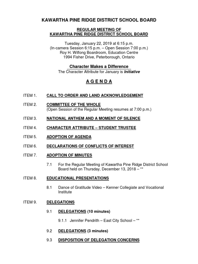 Kawartha Pine Ridge District School Board Jan. 22, 2019 Meeting Agenda ...