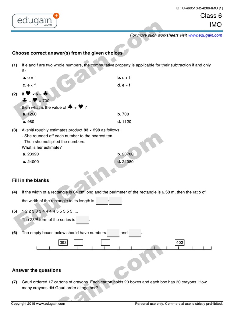 Class 6 IMO: Choose Correct Answer(s) From The Given Choices | PDF ...
