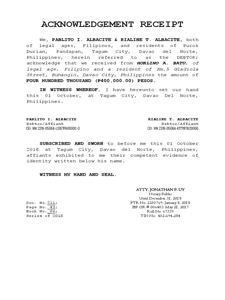 Acknowledgment Receipt - Loan Agreement | PDF | Mindanao | Receipt