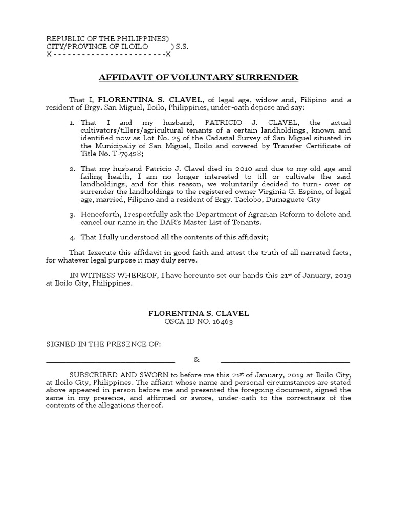 Affidavit of Voluntary Surrender - Clavel - 2019 | PDF | Law