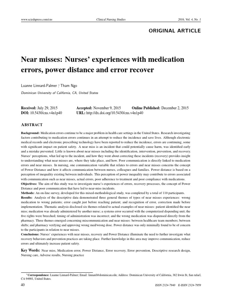 Near Misses: Nurses' Experiences With Medication Errors, Power Distance ...