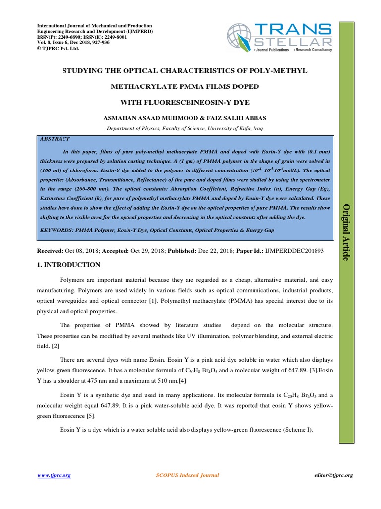 Studying The Optical Characteristics of Poly-Methyl Methacrylate Pmma ...