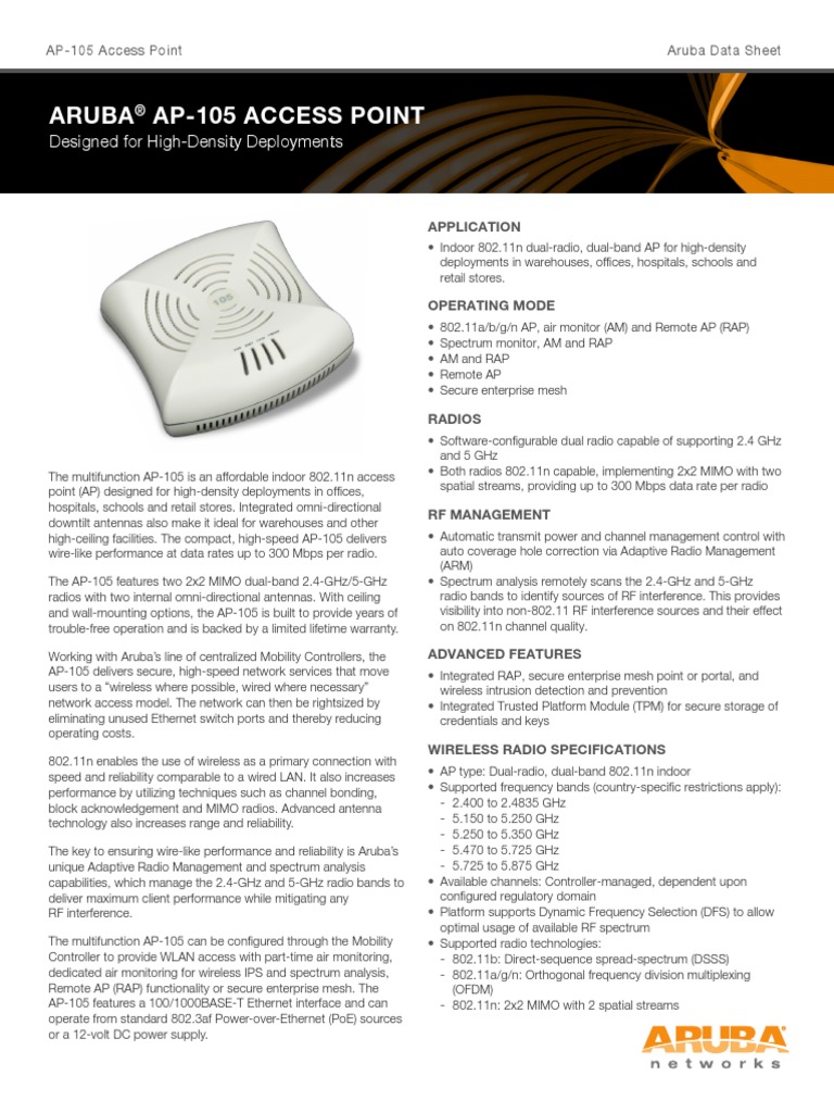Aruba Ap-105 Access Point: Designed For High-Density Deployments | PDF ...