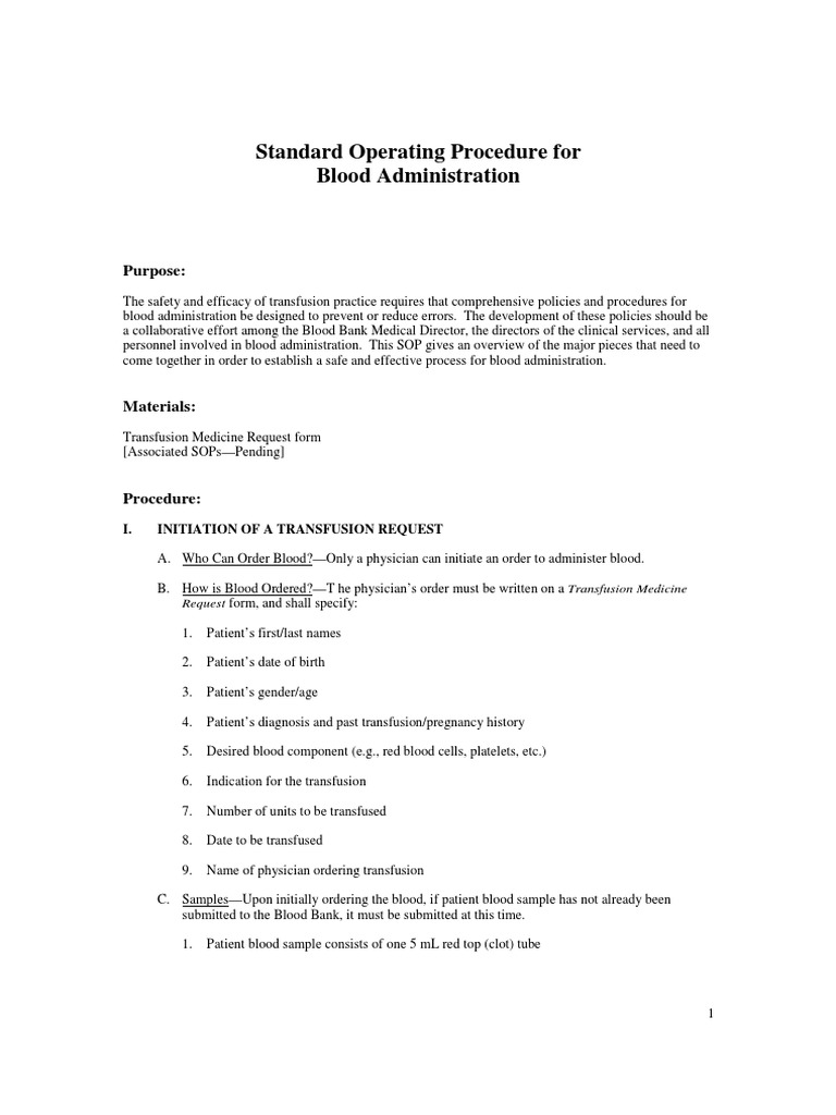 SOP Blood Administration Eng | PDF | Blood Transfusion | Intravenous ...
