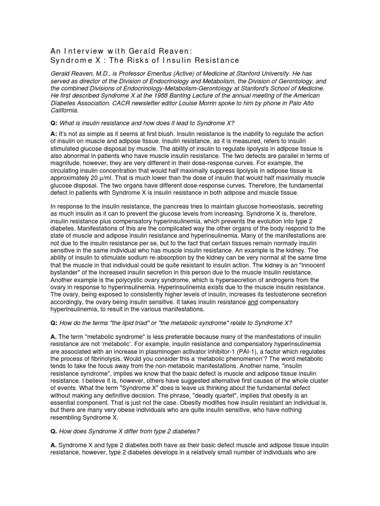 An Interview With Gerald Reaven: Syndrome X: The Risks of Insulin Resistance | PDF | Metabolic ...