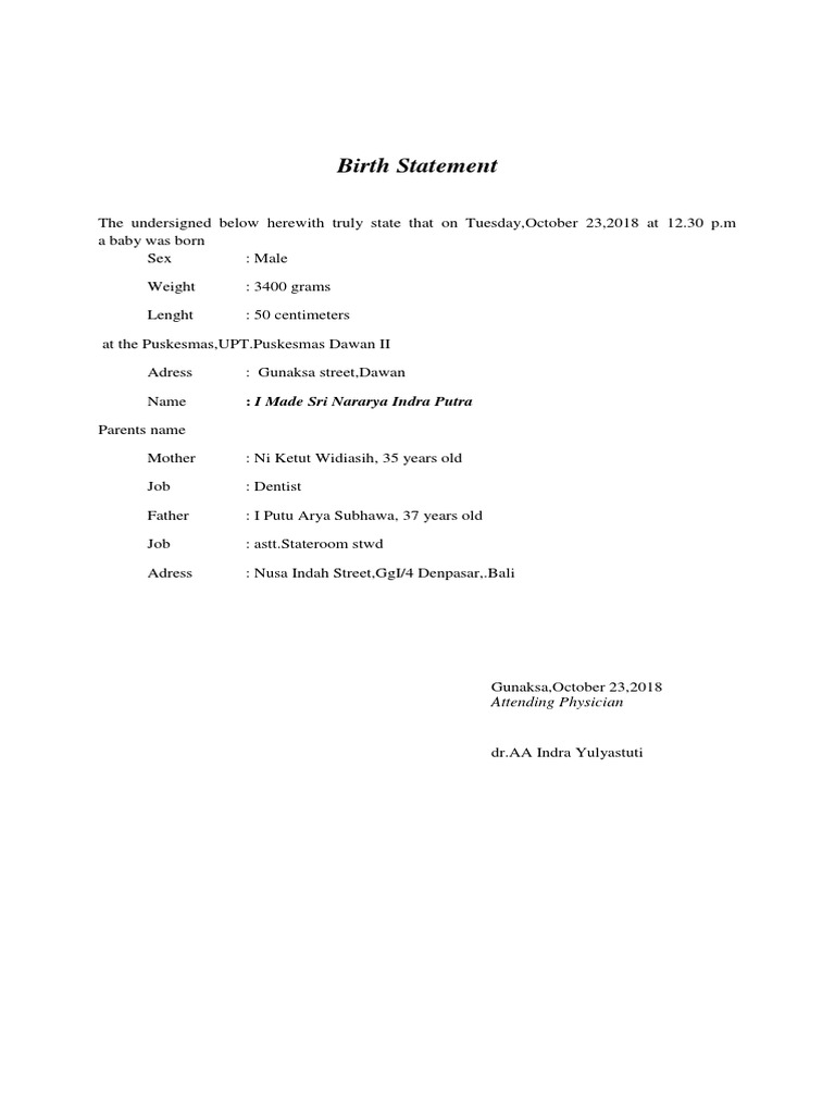 Birth Statement for I Made Sri Nararya Indra Putra | PDF