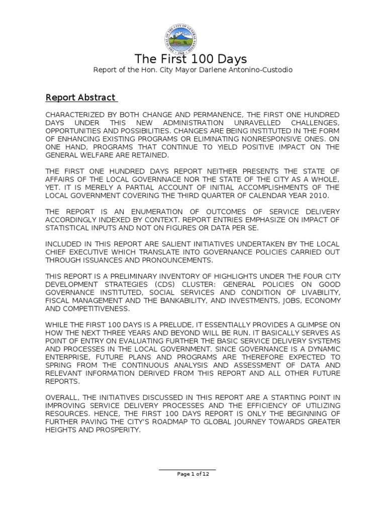 Darlene's First 100 Days Report | PDF | Governance | Employment