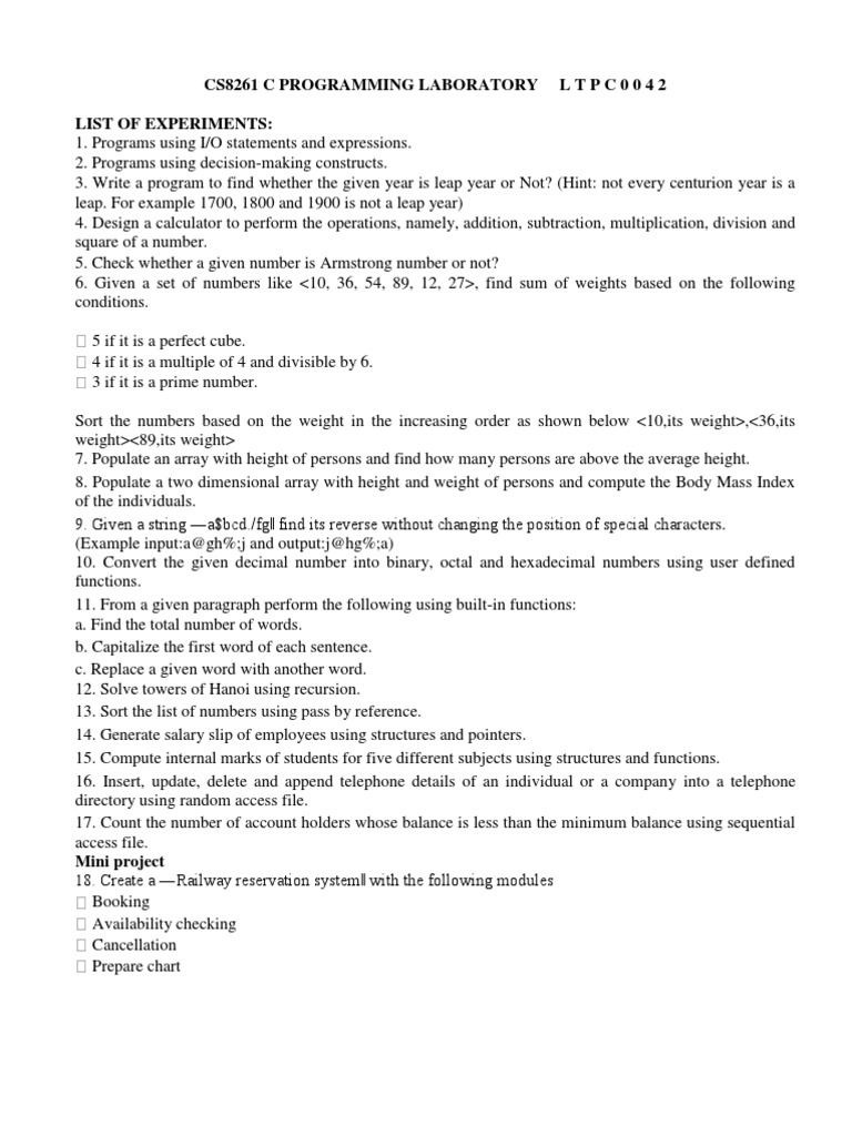 Cs8261 C Programming Laboratory L T P C 0 0 4 2 List Of Experiments PDF