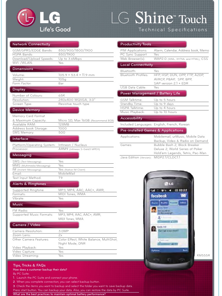 LG Shine User Manual Overview | PDF | Backup | Bluetooth