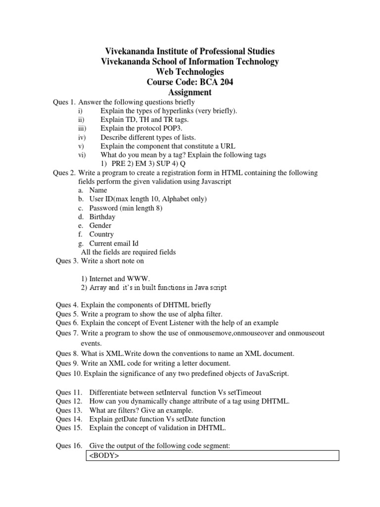 Web Technologies Assignment Questions Covering Html Css Javascript 4443
