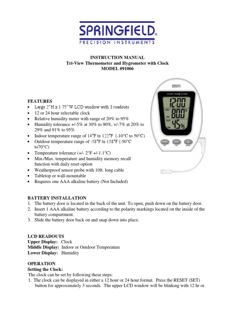 00 HumidityMeter Springfield Precise Temp (INSTRUCTION MANUAL 91066 IB ...