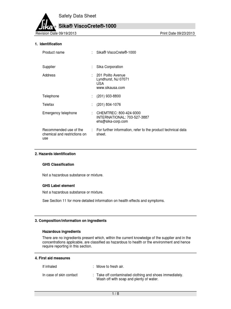 Sika® Viscocrete®-1000: Safety Data Sheet | PDF | Personal Protective Equipment | Toxicity