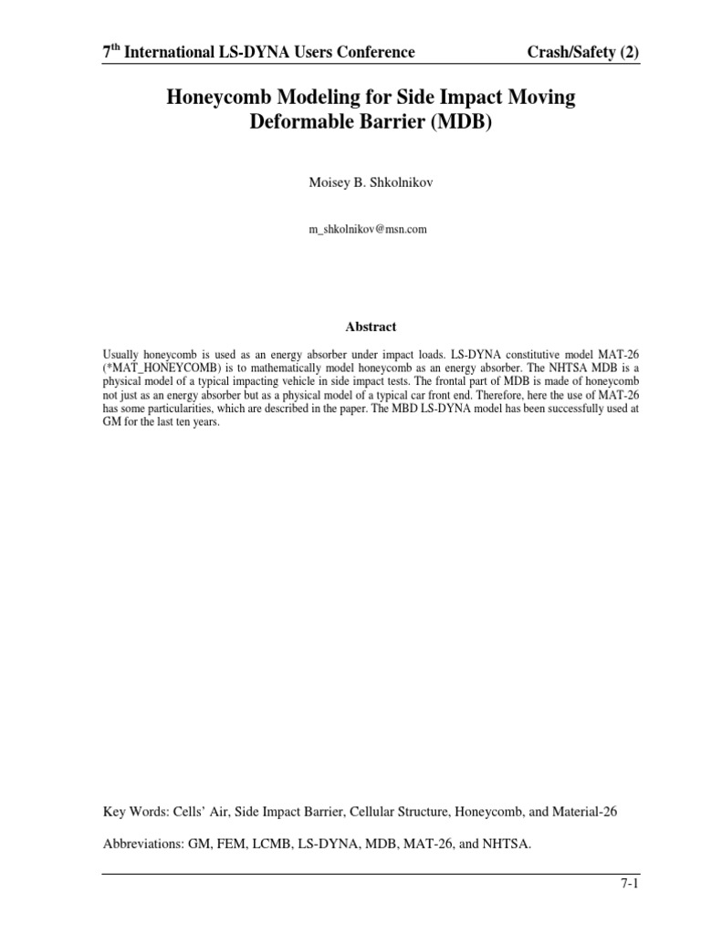 Honeycomb Modeling For Side Impact Moving Deformable Barrier (MDB ...