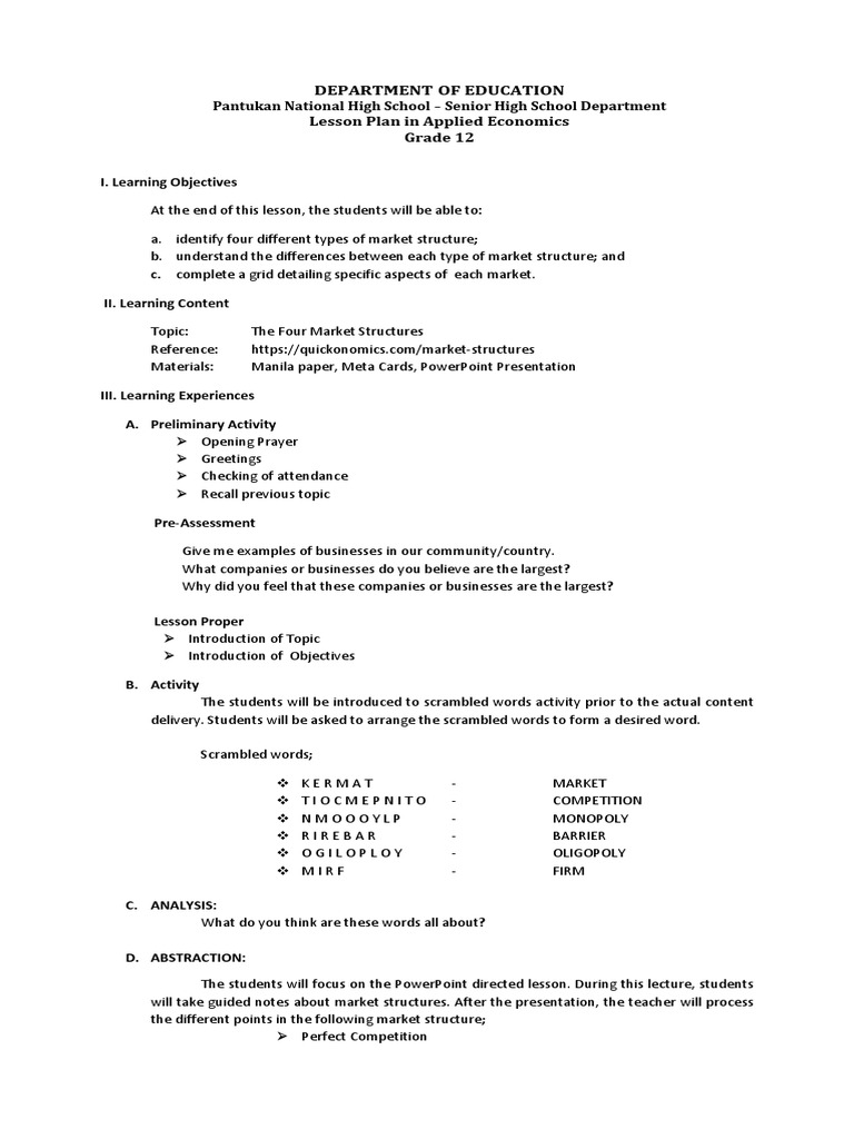 Department of Education: Lesson Plan in Applied Economics Grade 12 ...
