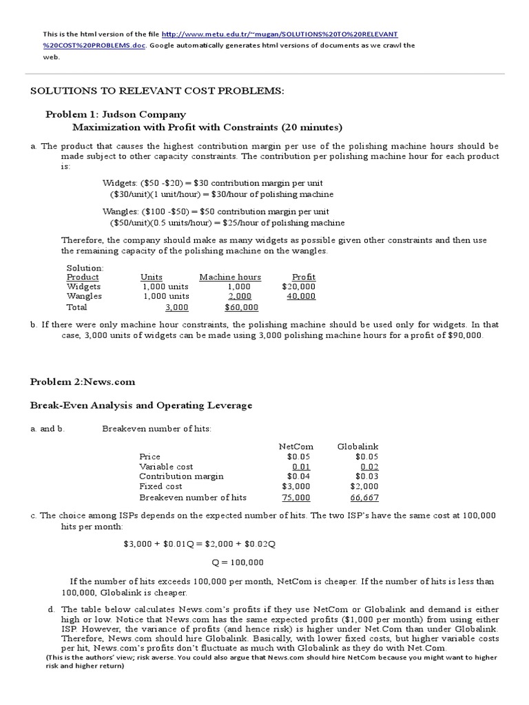 Solutions To Relevant Cost Problems | PDF | Labour Economics | Cost