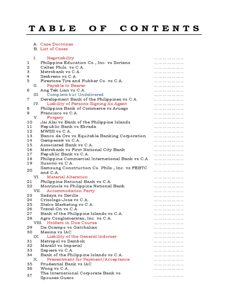 Table of Contents: Case Doctrines List of Cases Negotiability | PDF ...