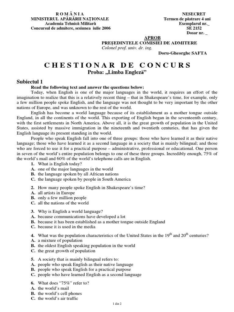 Chestionar Standard Model Engleza 2006 | PDF | Wolfgang Amadeus Mozart ...