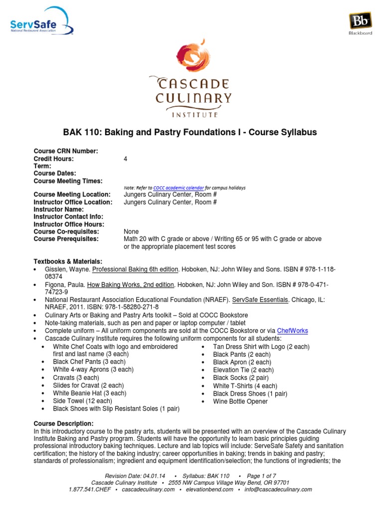 BAK 110: Baking and Pastry Foundations I - Course Syllabus: For Campus ...