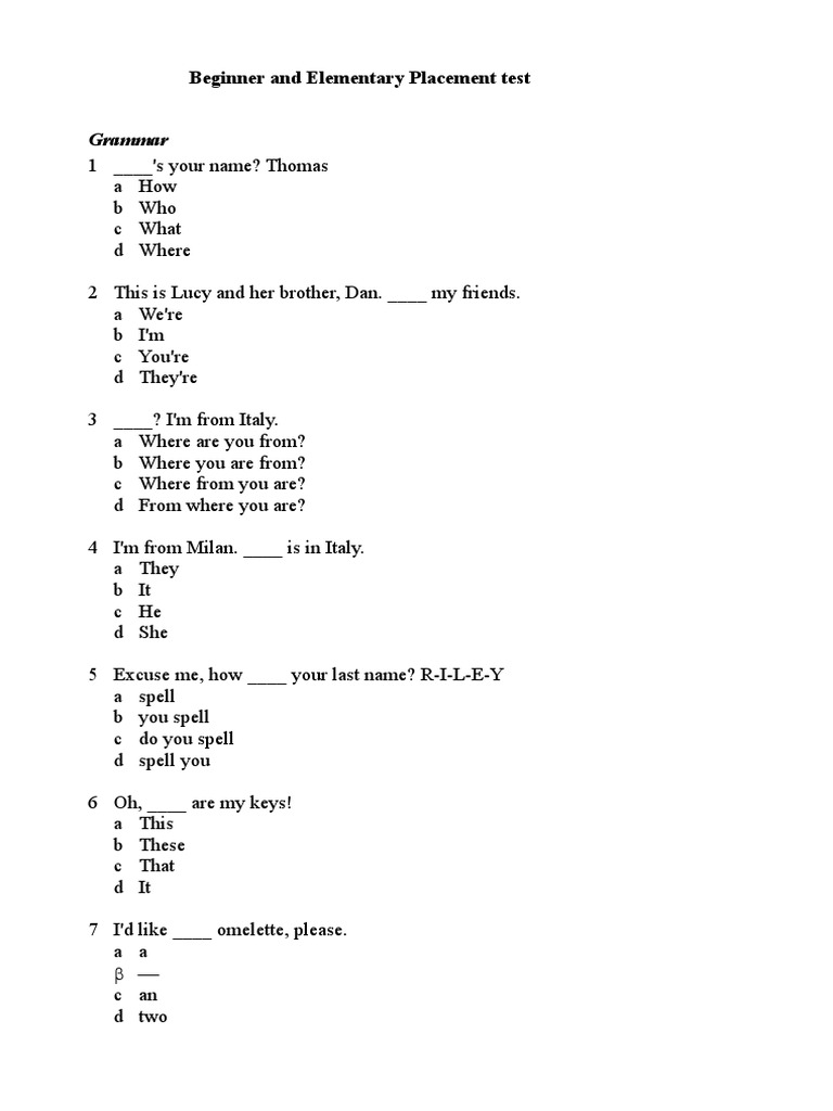 Grammar: Beginner and Elementary Placement Test | PDF | Leisure