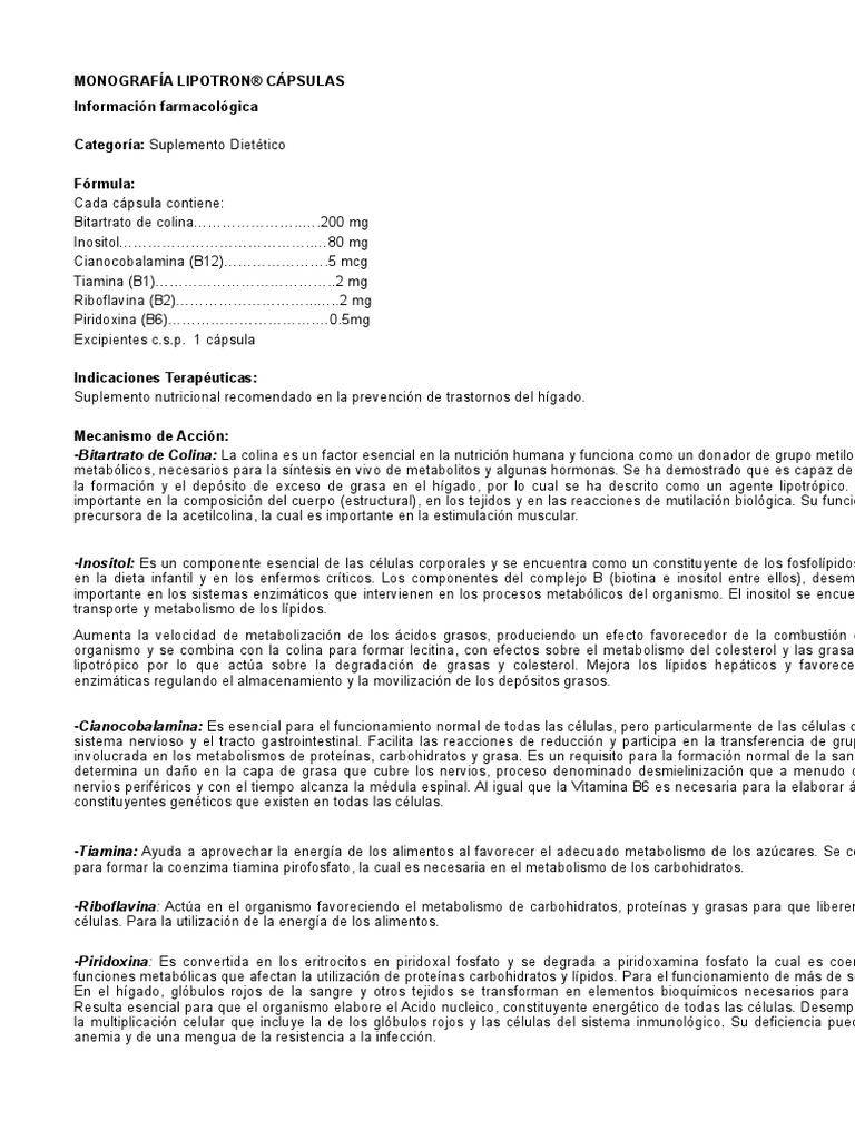 Monografia Lipotron Cápsulas | PDF | Metabolismo | Lípido
