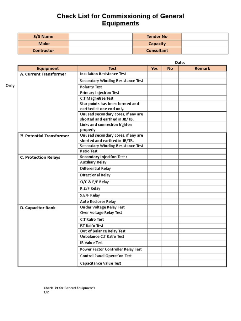 Check List For Commissioning of General Equipments: S/S Name Tender No ...